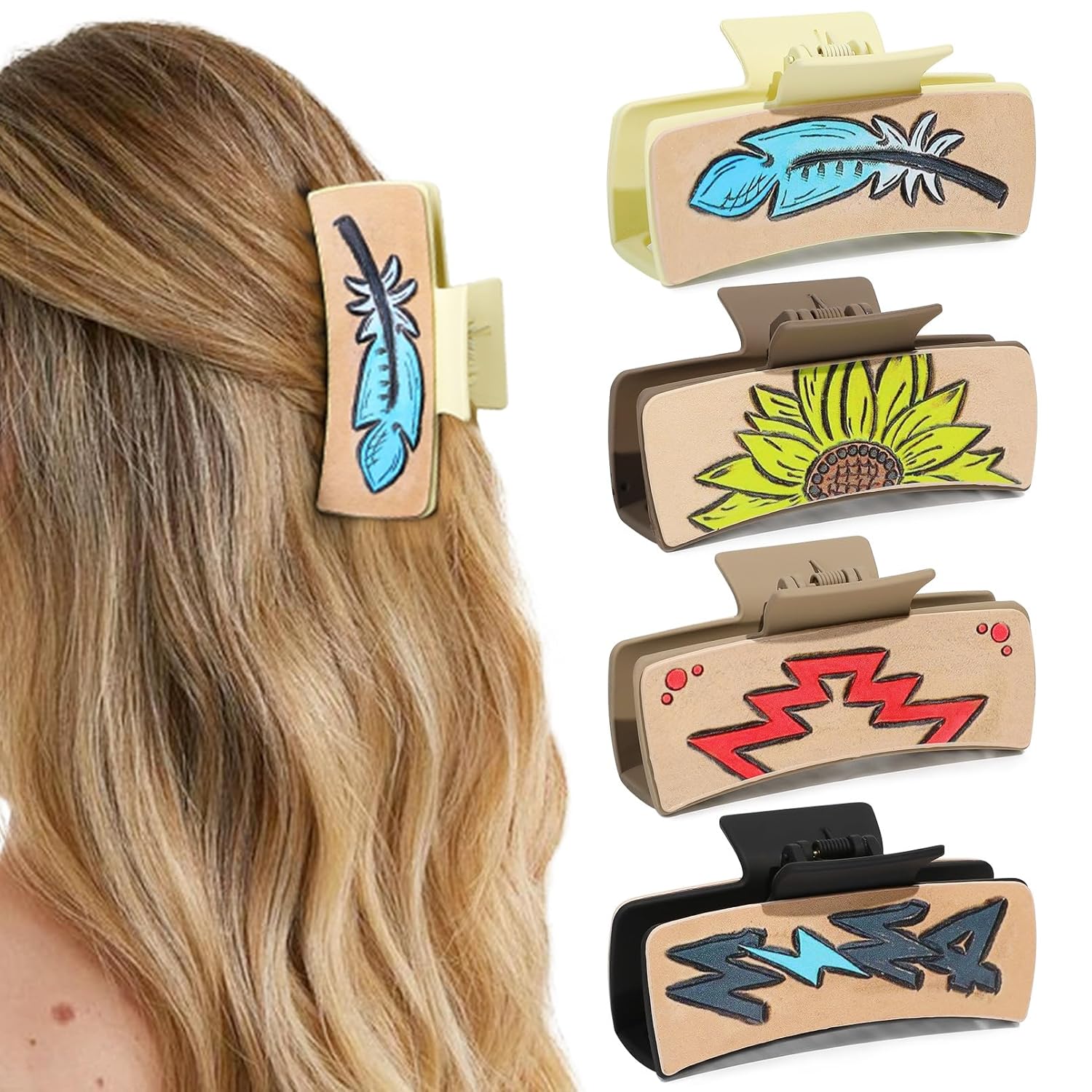 Amazon.com : CEELGON Western Hair Clips, 4" Sunflower Feather Print in ...