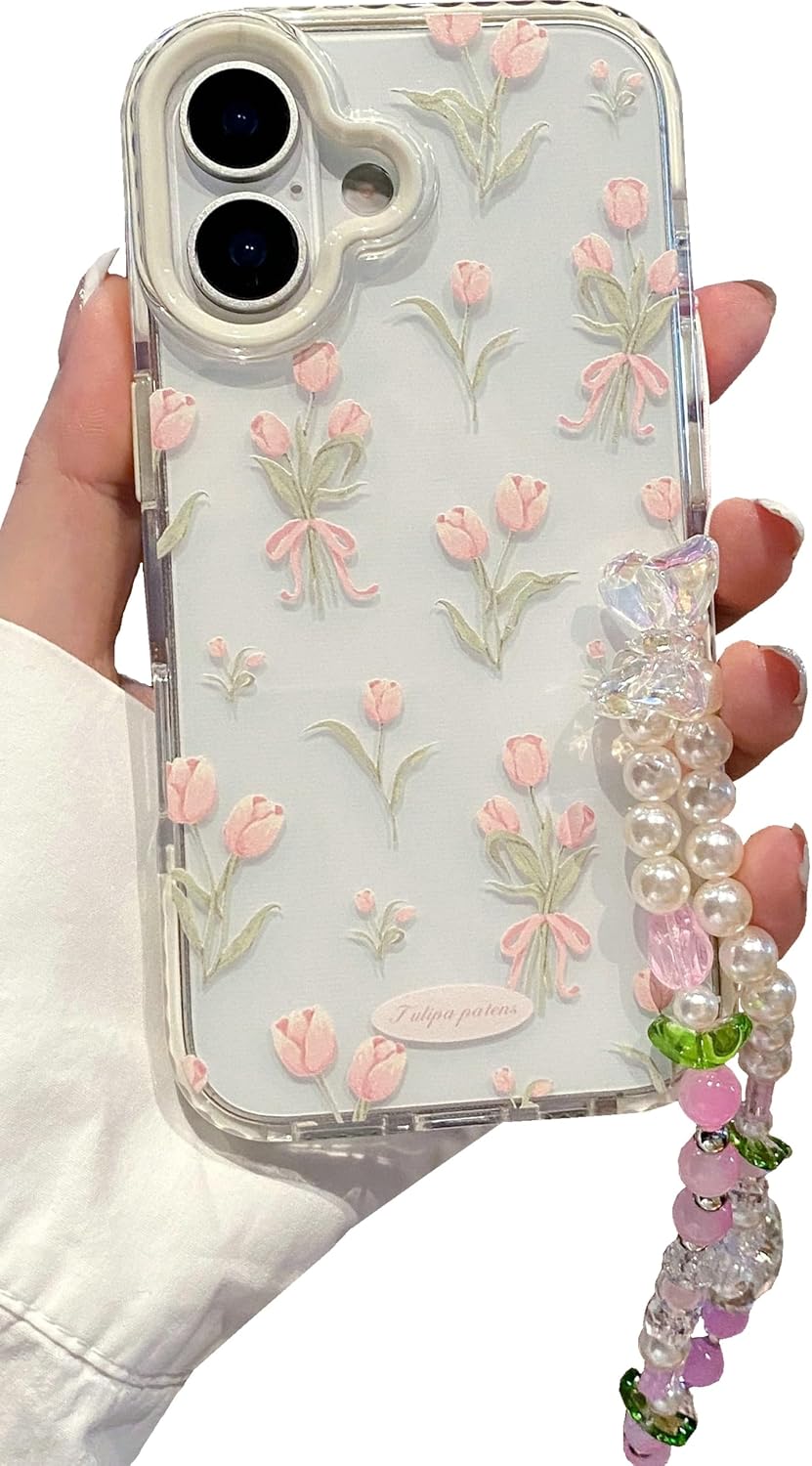Amazon.com: JANDM for iPhone 16 Case with Flowers Strap, Clear Pink ...