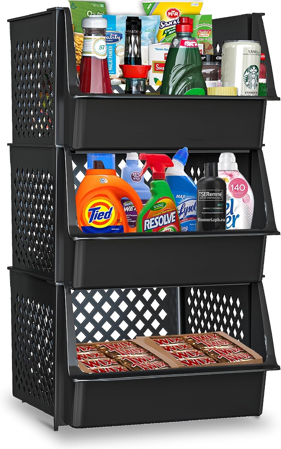 Amazon.com: Skywin Plastic Stackable Storage Bins for Pantry Black - 3 ...