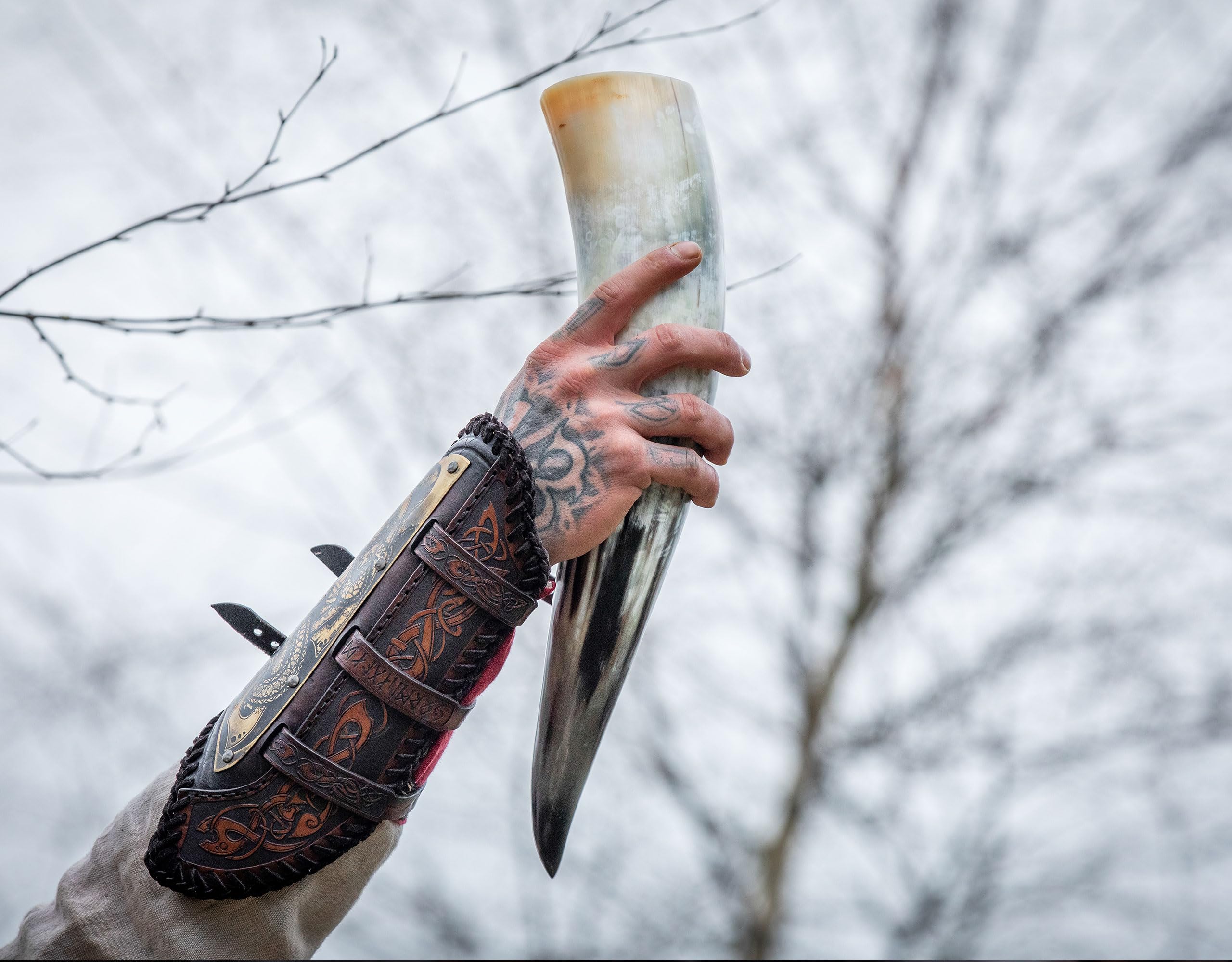Leather Drinking Horn Holder With Leather Holder – Fire-Burned ...