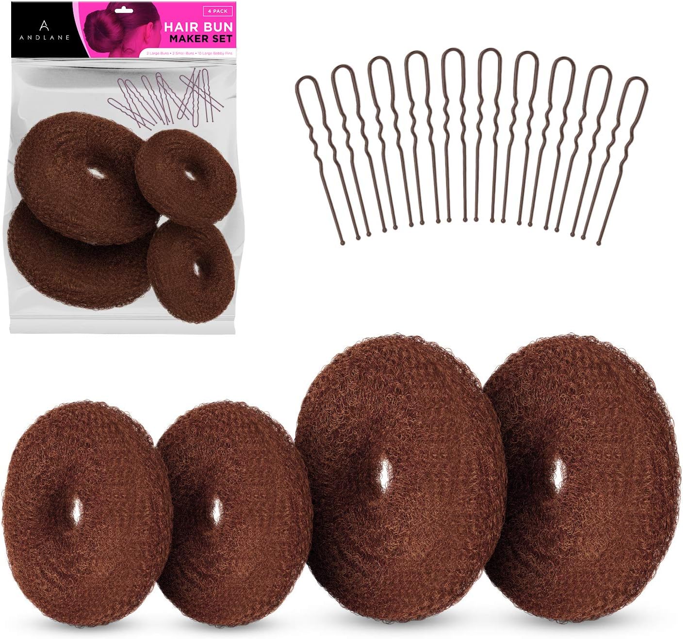 Brown Hair Donut Bun Maker Set, 4 Pack Donut Bun Maker with 10pcs Brown ...