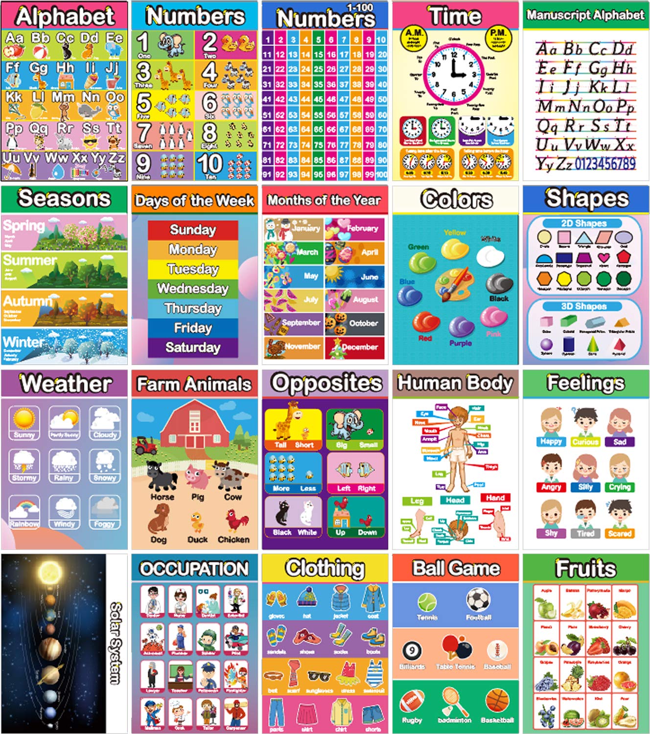 Buy 20 Large Educational s For Kids Toddlers - Early Learning Charts ...