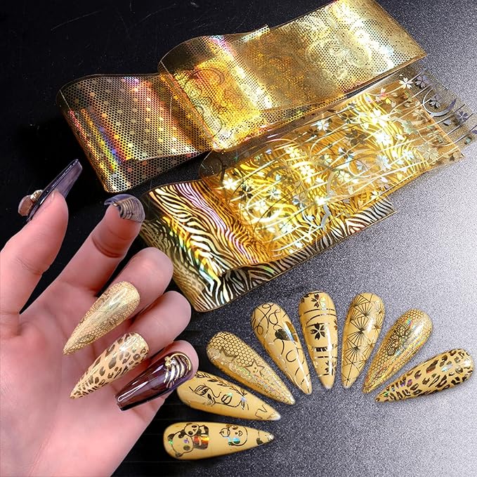 Amazon.com: Gold Nail Foil Transfer Stickers Leopard Star Geometrical ...