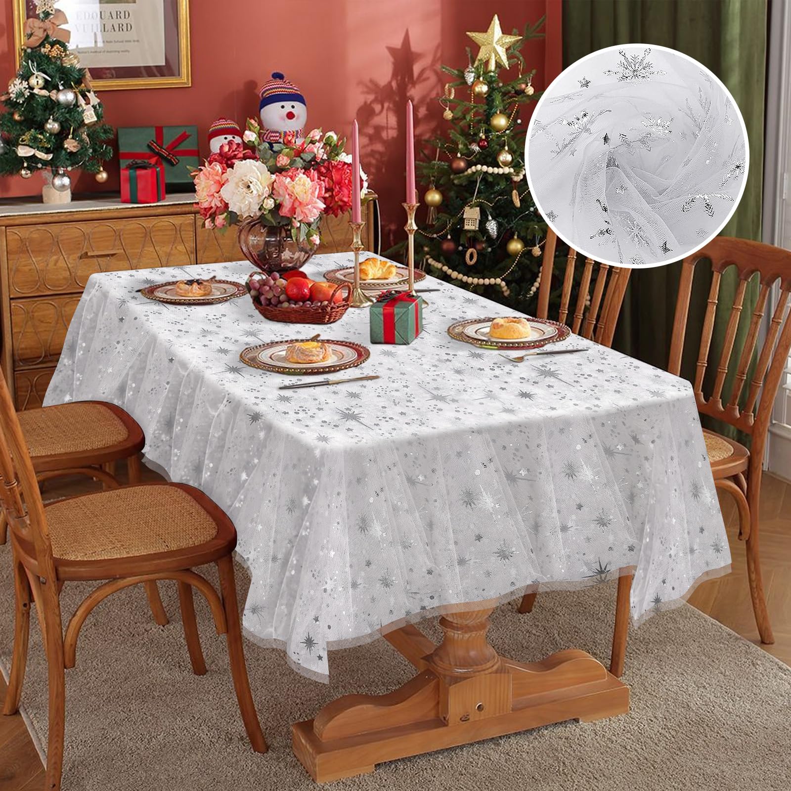 Amazon.com: Bonison Tablecloth 60 x 120 inch - Silver Snowflakes ...