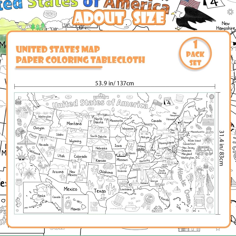 PartyGarden US Map Coloring Poster for Kids - 54 x Barbados | Ubuy