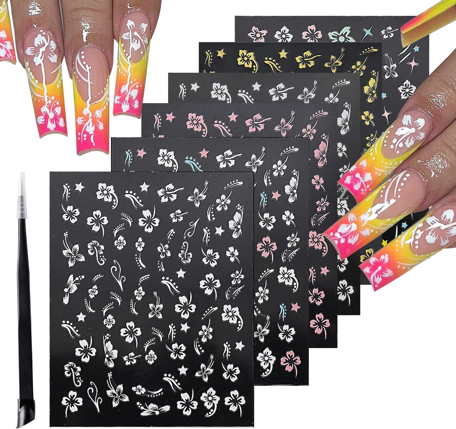 Amazon.com: Flower Nail Stickers 3D Hibiscus Flower Nail Stickers Self ...