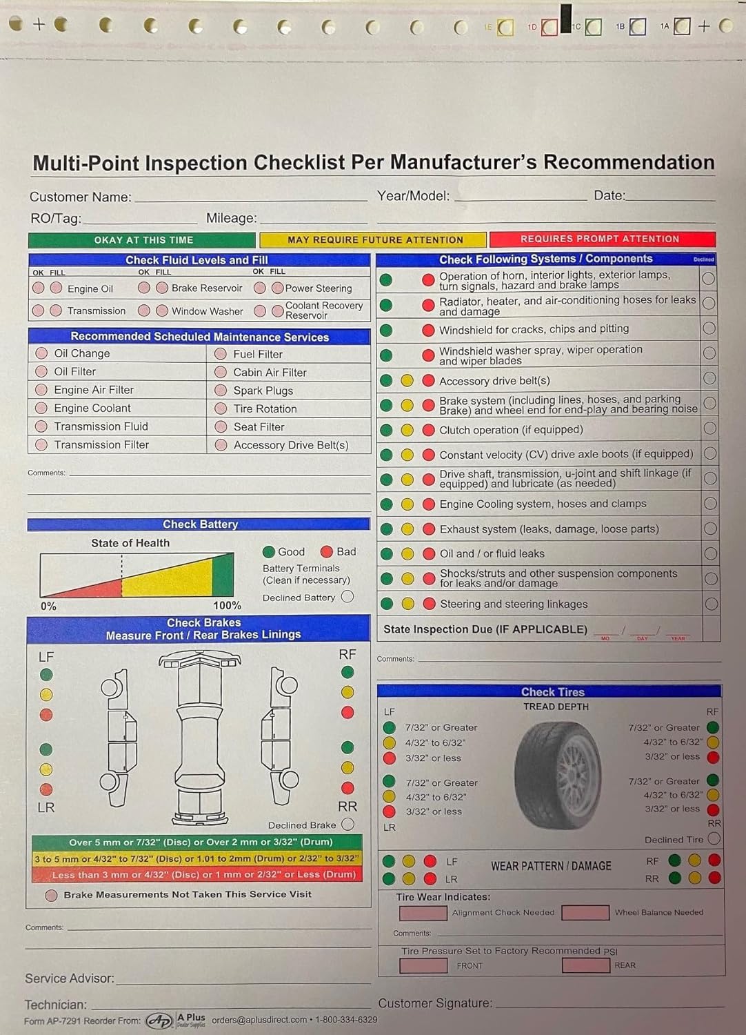 Amazon.com : A Plus Dealer Supplies Multi-Point Inspection Checklist ...