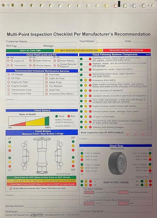Amazon.com : A Plus Dealer Supplies Multi-Point Inspection Checklist ...