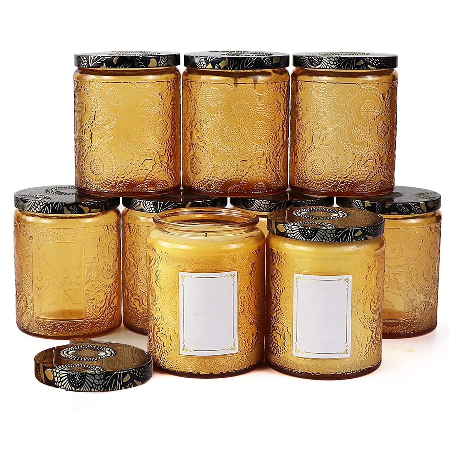 Amber Embossed Glass Candle Container with Lid and Labels, 8 oz - Pack ...