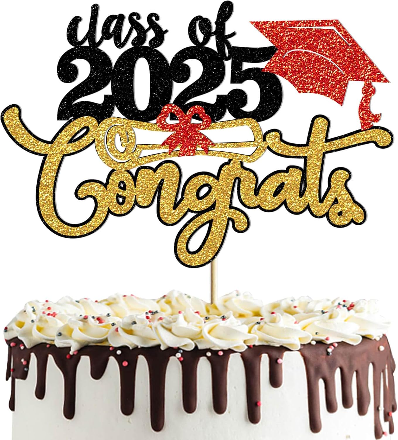 Congrats Class of 2025 Cake Topper - Black Gold Glitter Congrats Grad ...