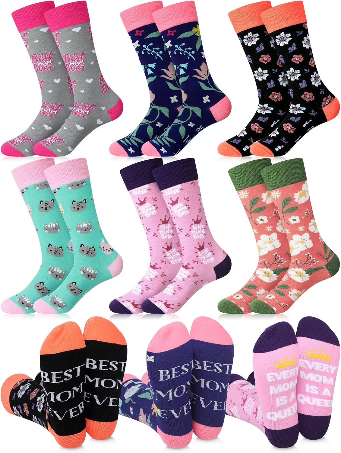 Amazon.com: Floraltop 6 Pairs Mom Socks for Women Floral Crew Socks ...