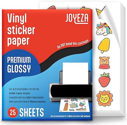 JOYEZA Premium Printable Vinyl Sticker Paper for Inkjet Printer - 25 ...