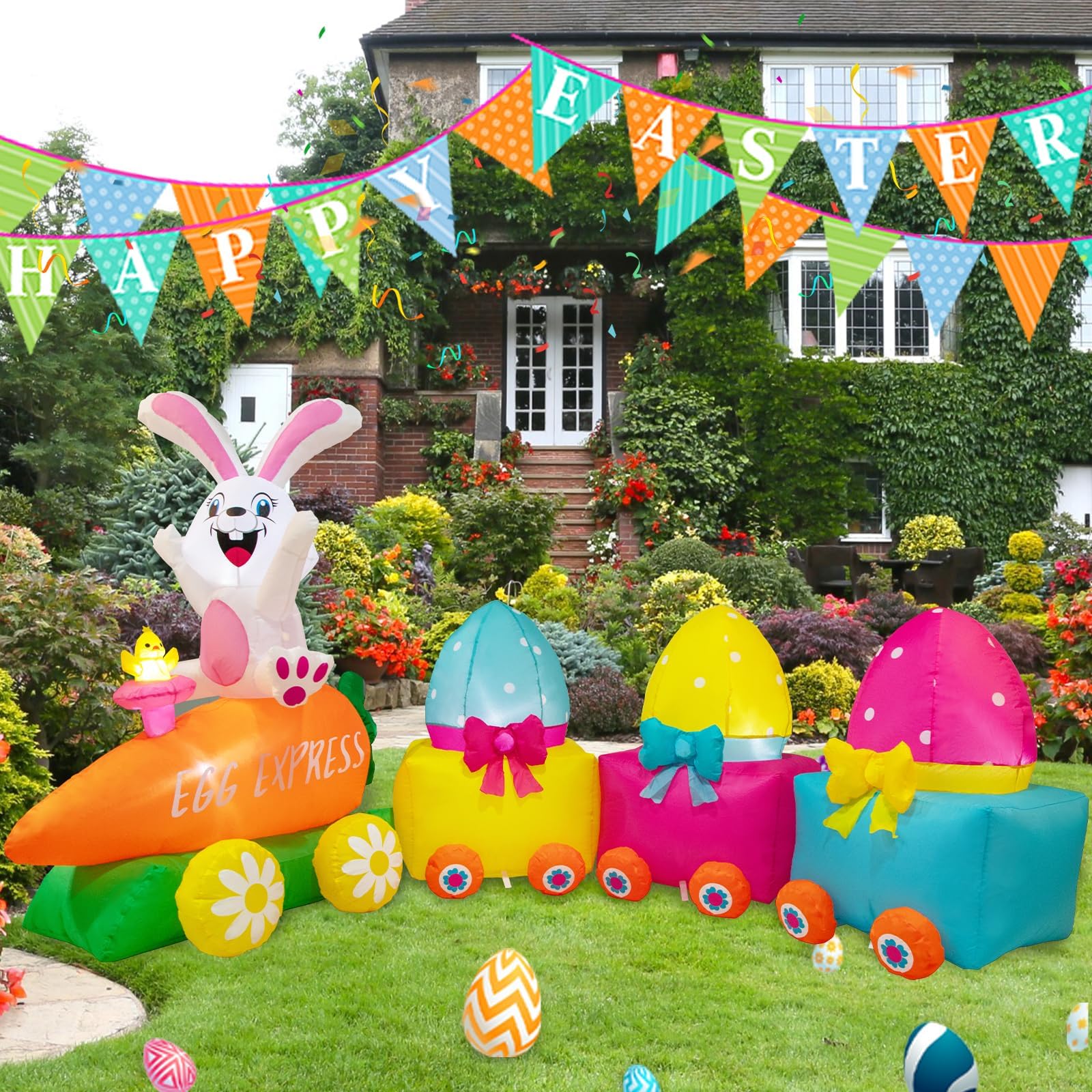 Amazon.com: Hollowfly 6 ft Easter Inflatable Bunny Egg Car with Chicken ...