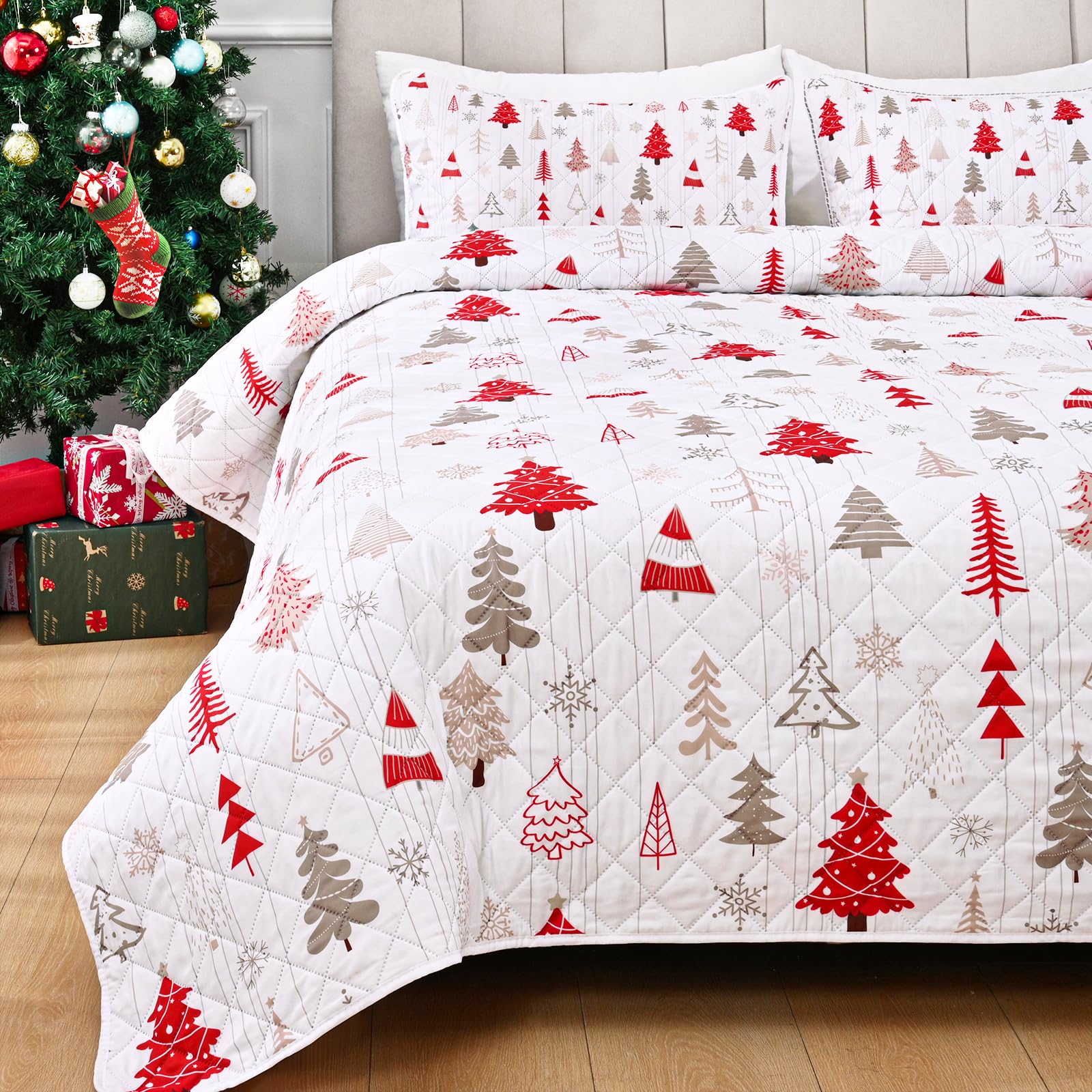 Amazon.com: FRAMICS Christmas Quilt King Size 3 Pieces Christmas Tree ...