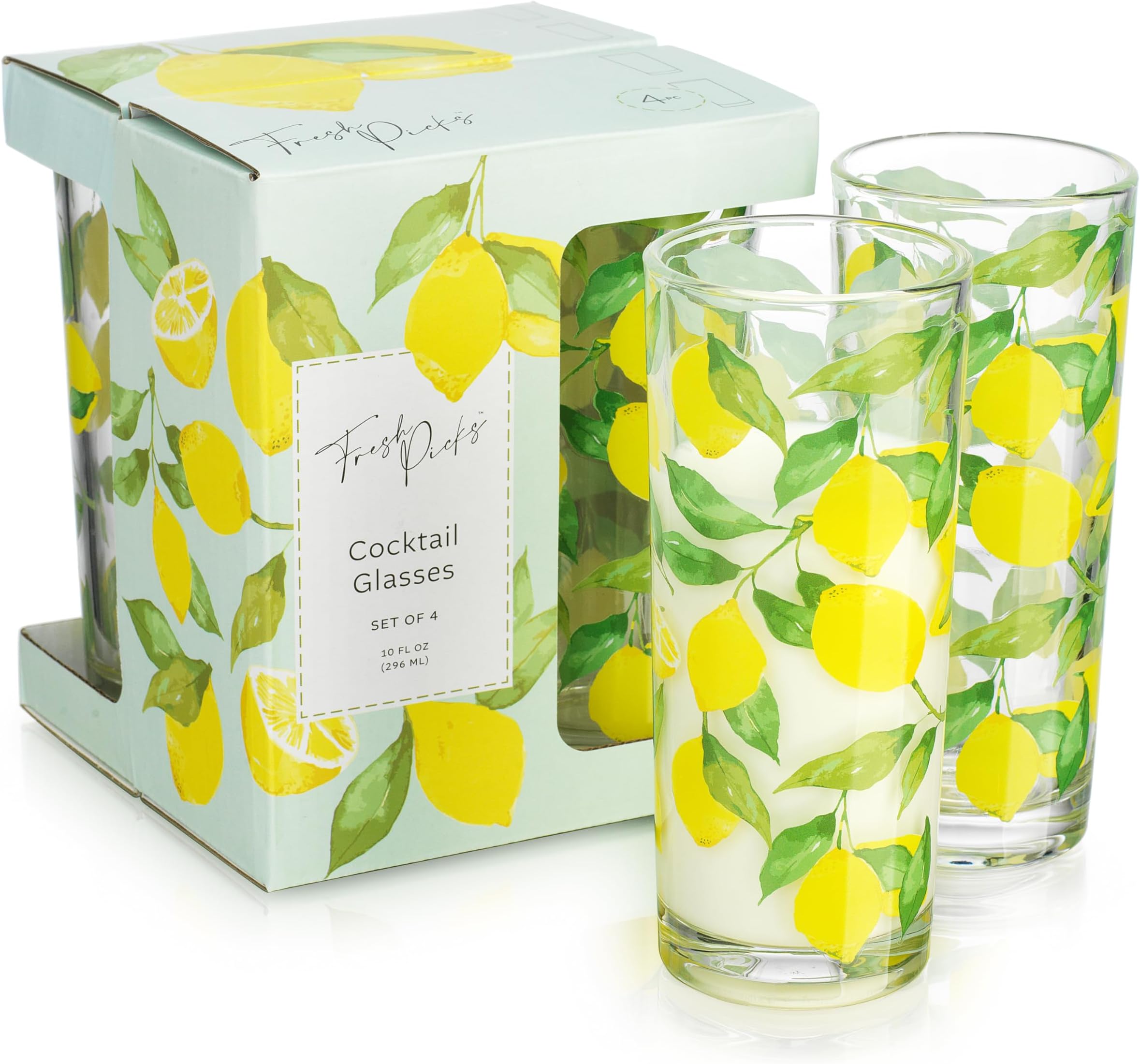 Amazon.com | Glaver's Lemon Print Highball Glasses, Slim 10 oz Summer ...