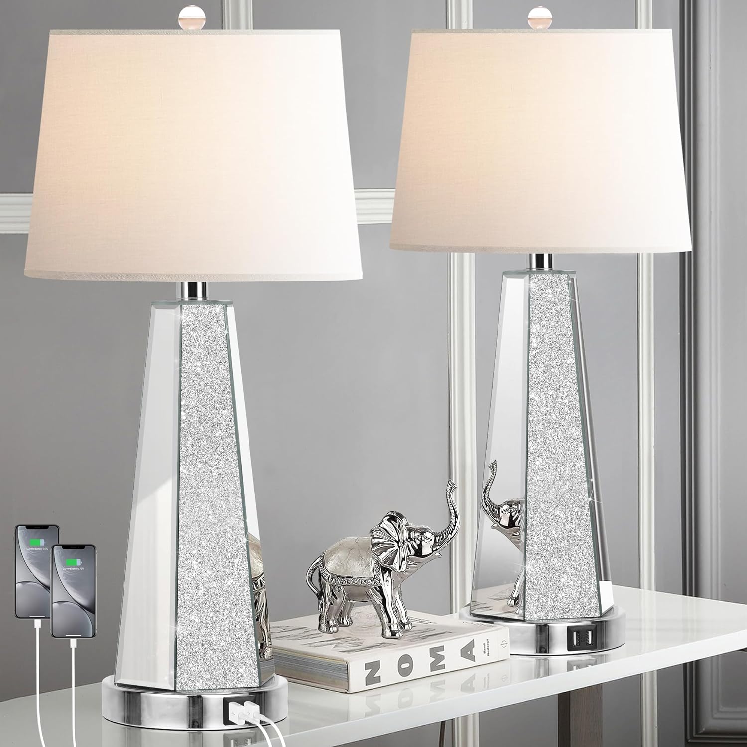Hamucd Set of 2 Mirrored Glass Bedside Table Lamps for Bedrooms with 2 ...
