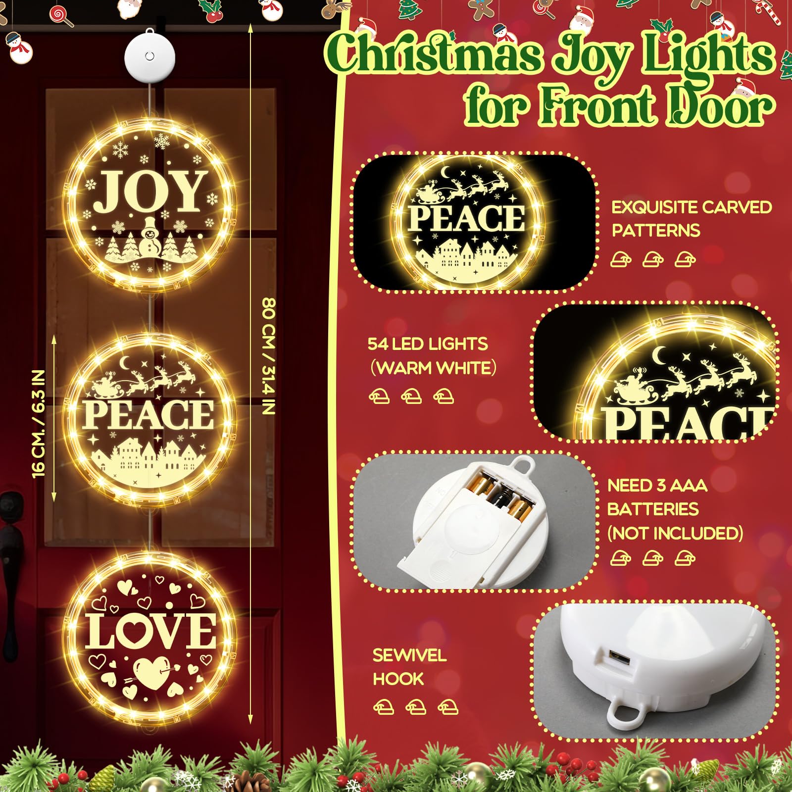 Snapklik.com : Retisee 3 In 1 Joy Christmas Lights For Front Door, 6.3 ...