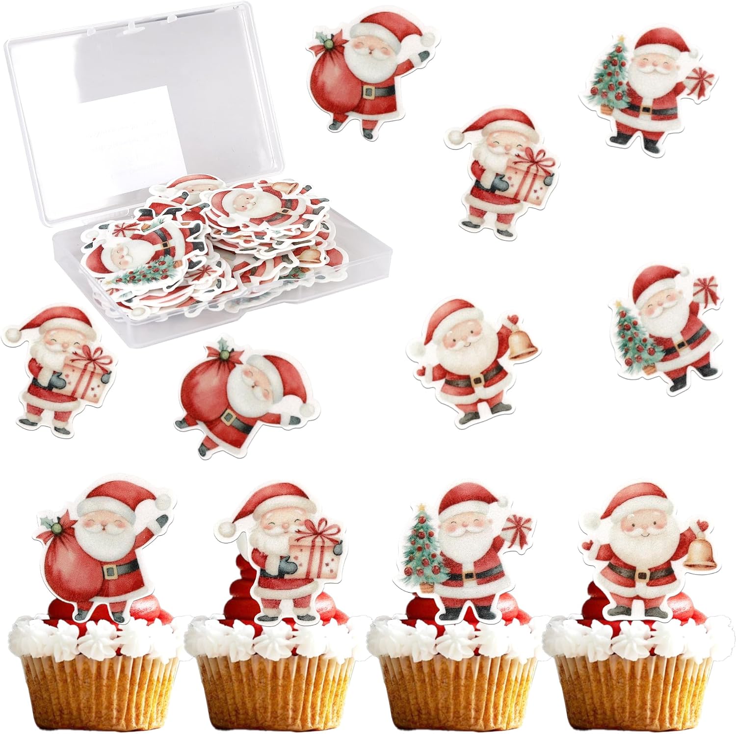 Xsstarmi 60 Pack Edible Santa Claus Cupcake Toppers Rice Paper Xmas Tee ...