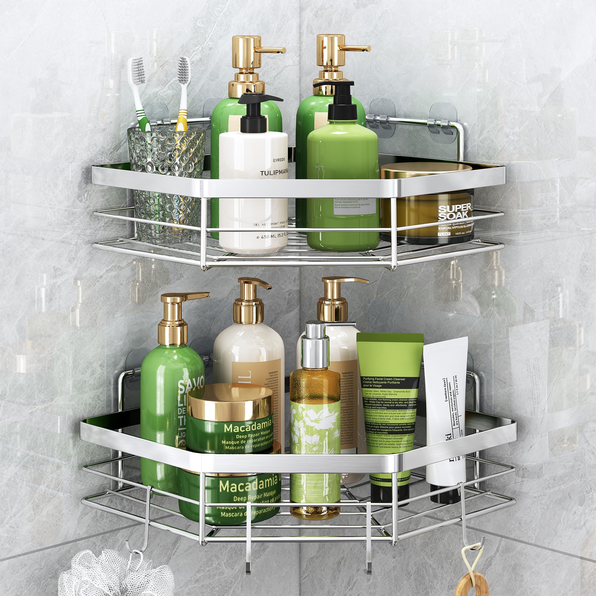 Corner Shower Caddy, 2-Pack Shower Shelf with 4 Hooks & Wall Mounted ...