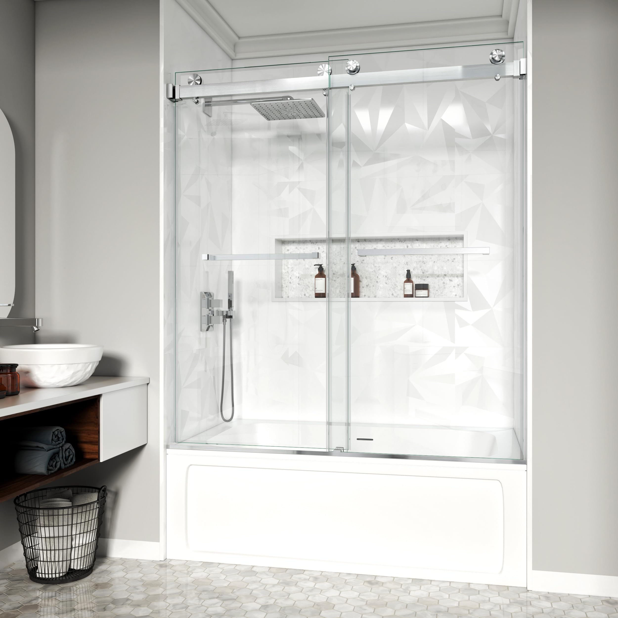 Bakiwhs Double Sliding Frameless Shower Bathtub Door, 56-60" W× 66" H, 3/8" Clear Tempered Glass ...