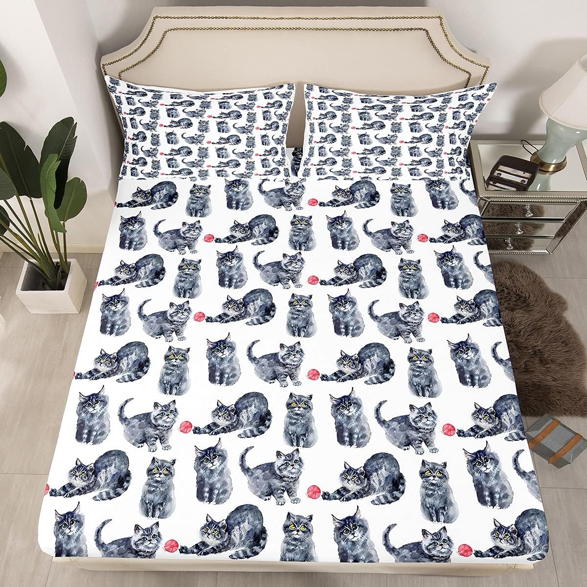 Amazon.com: Cat Print Fitted Sheet Queen Size,Cute Kawaii Cartoon Pet ...