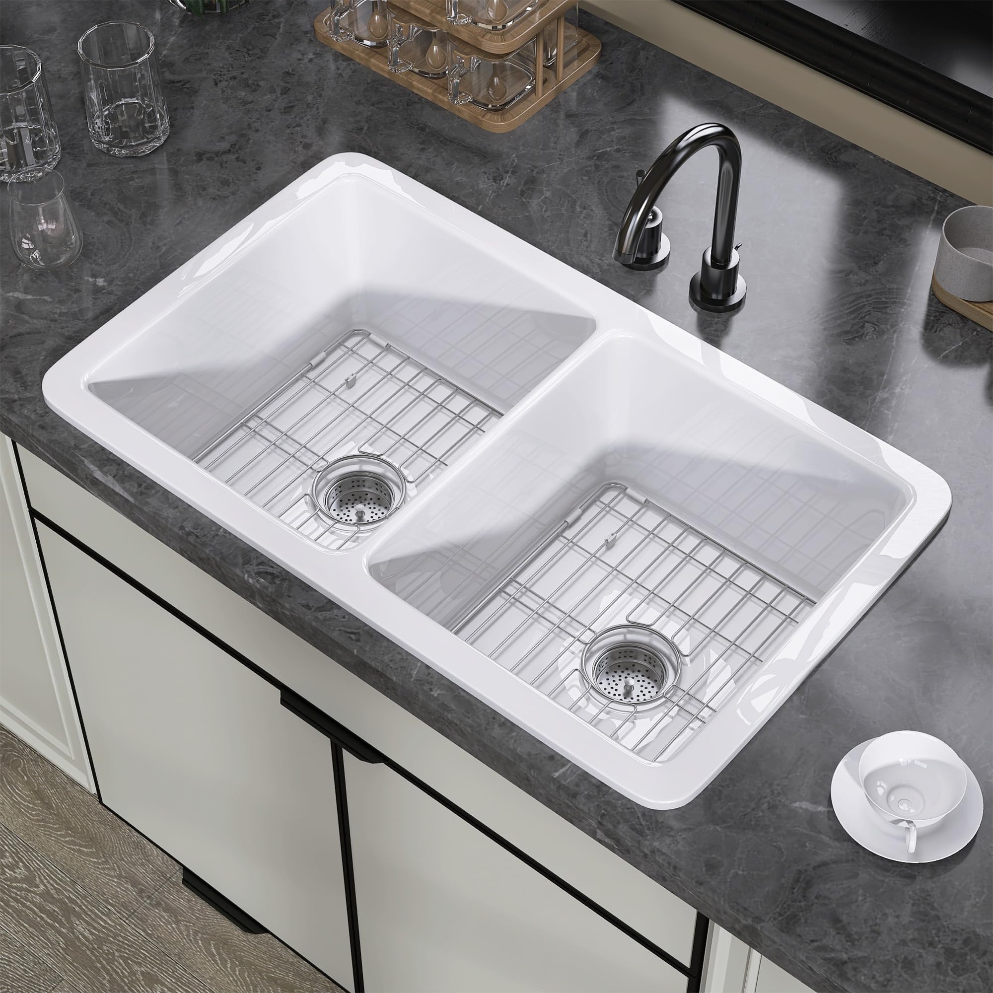 Buy TUKTUKFarmhouse Sink Double 32 x 19 Inch 50/50 White Kitchen Sink ...