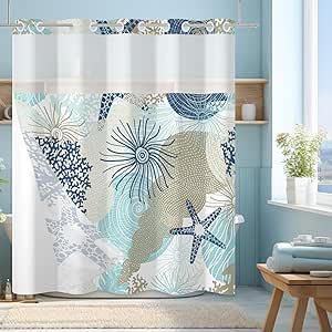 Amazon.com: Yanutan No Hook Shower Curtain,Blue Ocean Double-Layered Shower Curtain with Snap-in ...