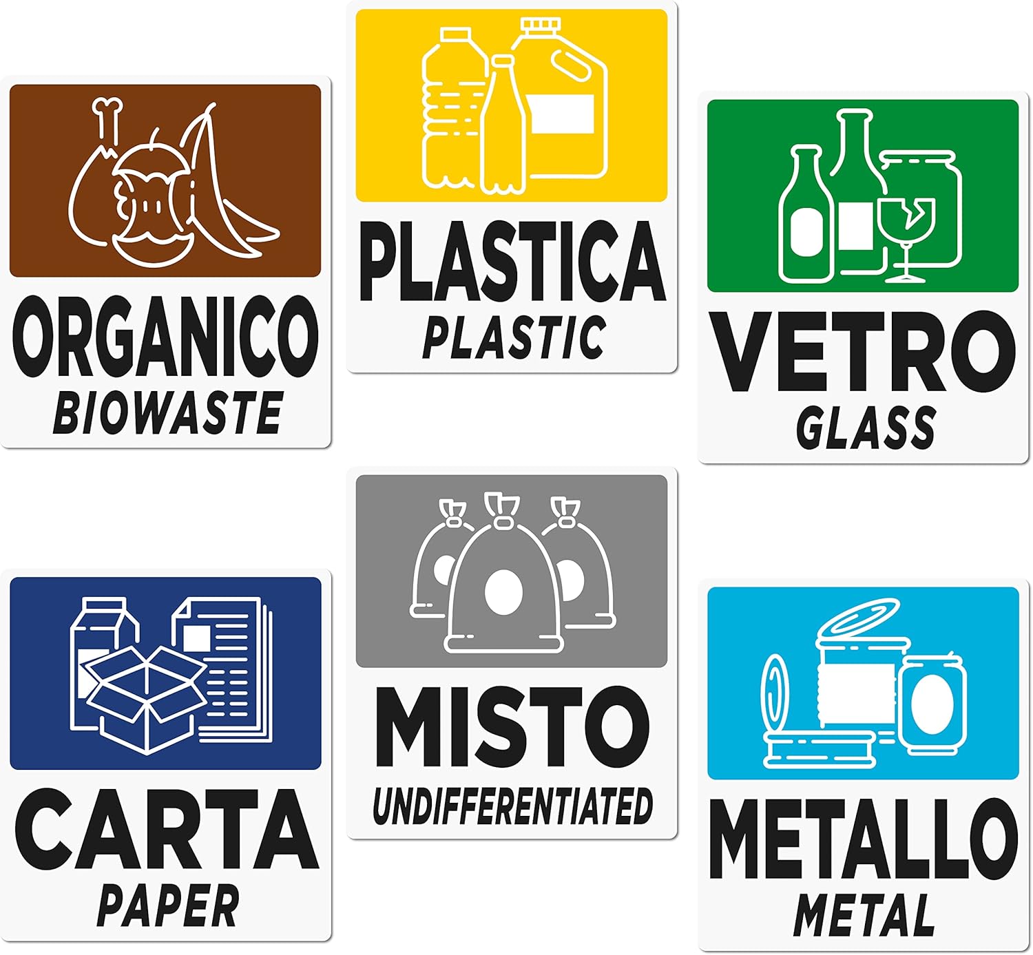 6 Adesivi per Raccolta Differenziata Grandi | Formato cm 12x12 ...