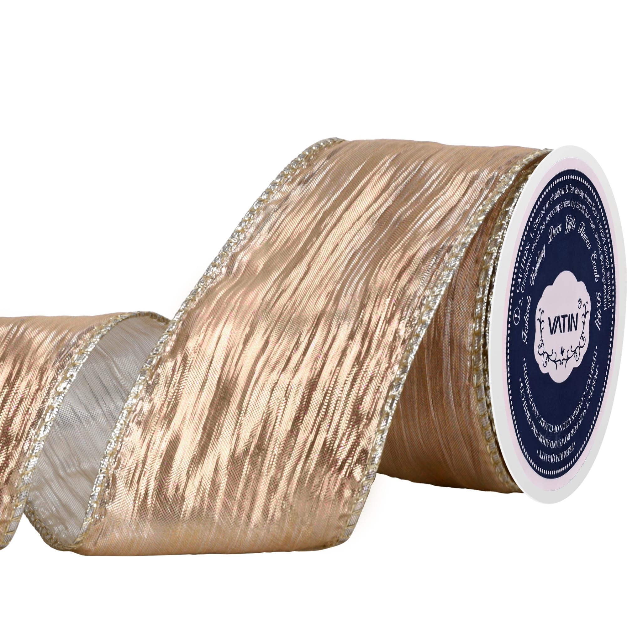 Amazon.com: VATIN Light Champagne Crinkled Wired Ribbon with Metallic ...
