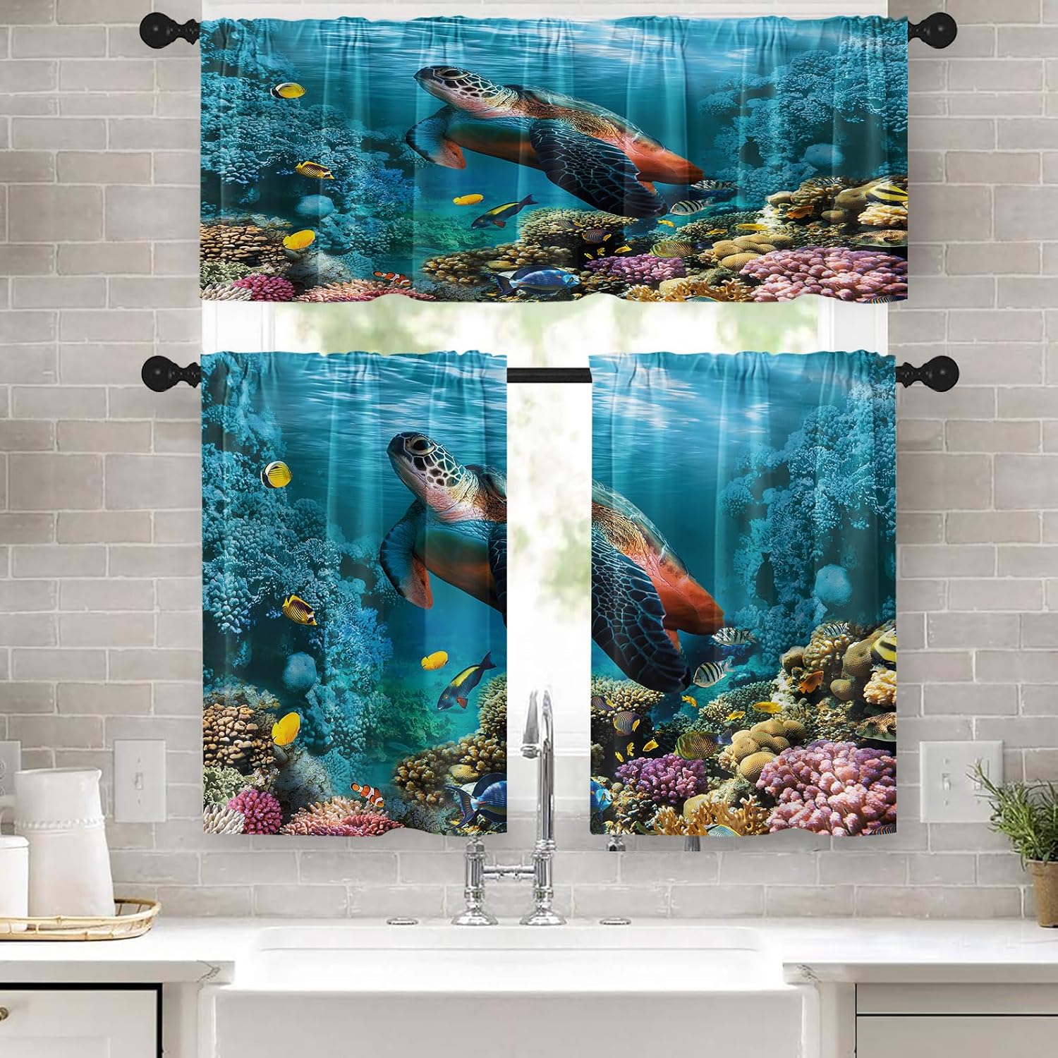 Amazon.com: Tayney Sea Turtle Kitchen Curtains Underwater World Window ...