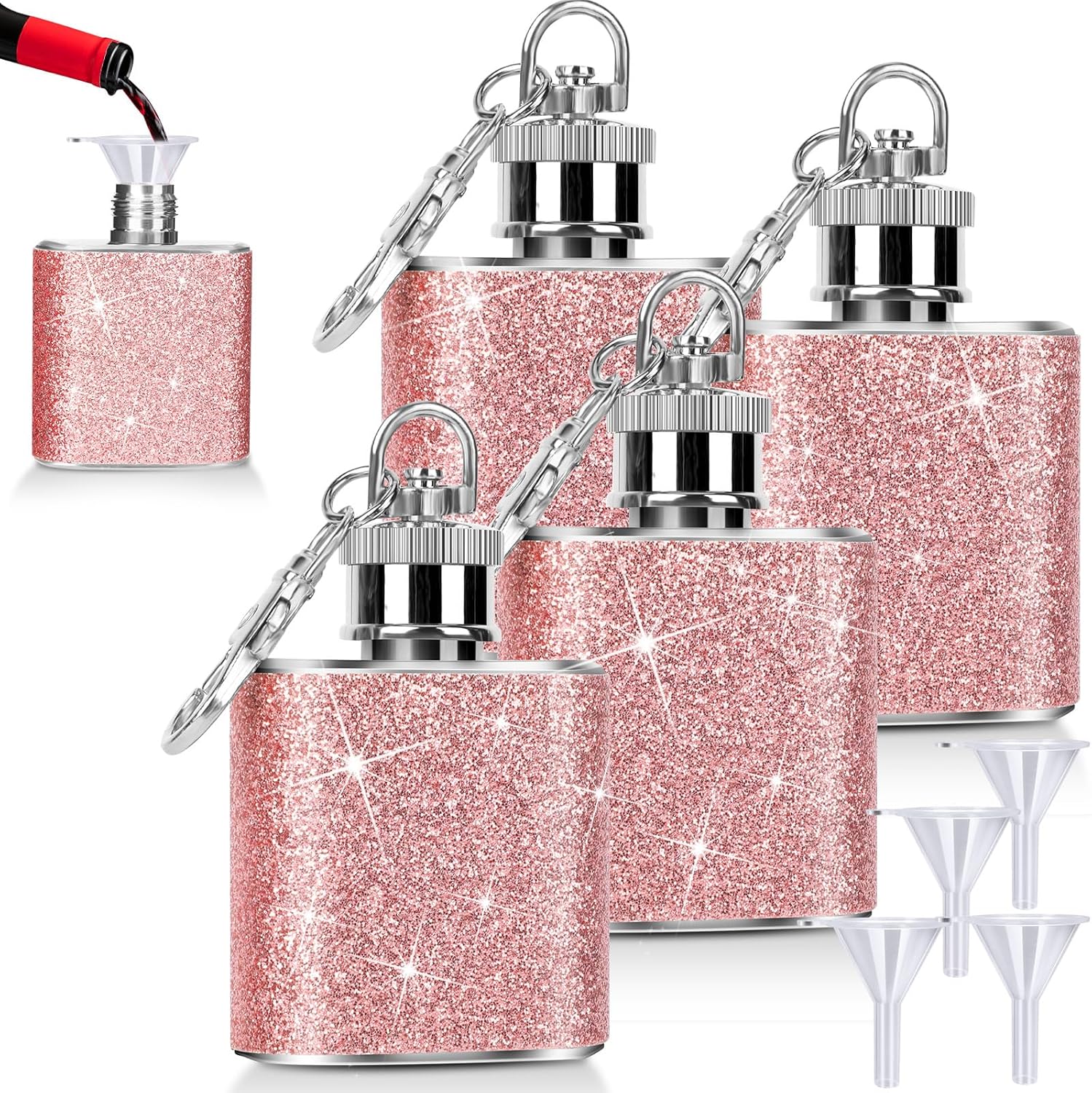 Amazon.com | 4 Pack Pink Glitter Flask With Funnel 1 Oz Mini Hip Flask ...