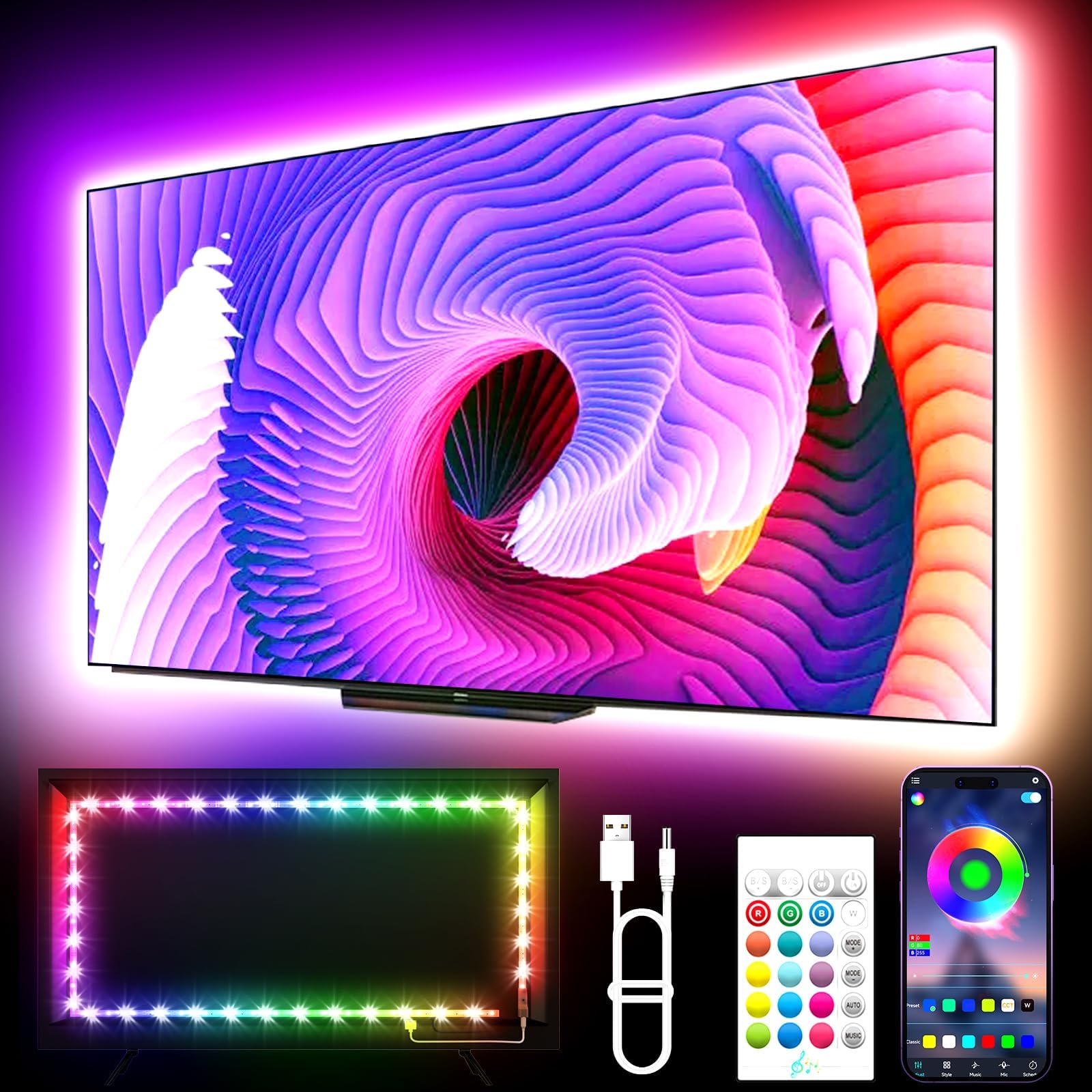 KANTUTOE TV LED Lights, 3m LED Lights for 32-45 Inch TV, RGB LED TV ...