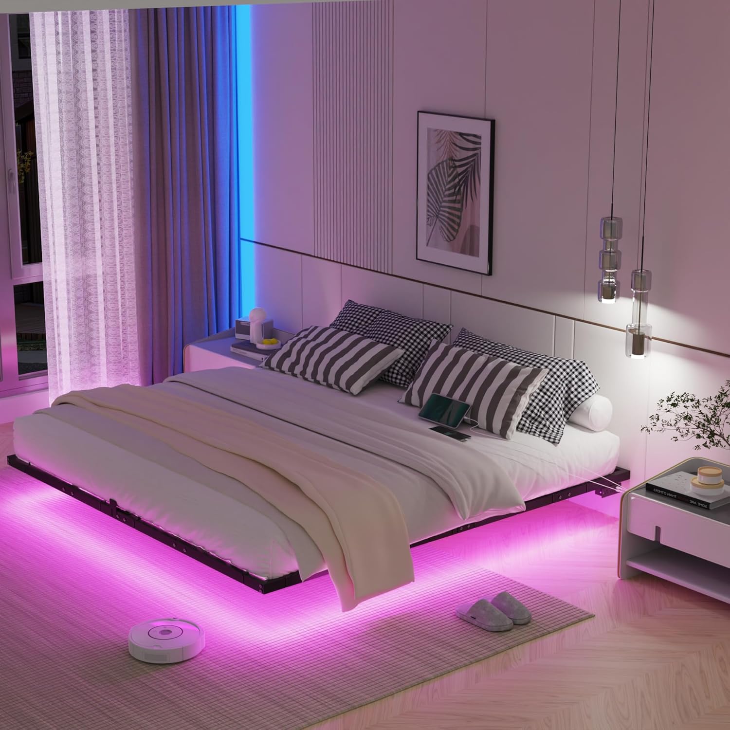 SANGMUCEN Floating King Bed Frame with LED Lights & USB Charging ...