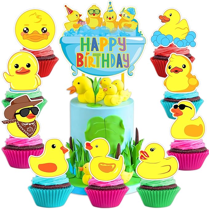 Amazon.com: 25 PCS Rubber Yellow Duck Birthday Cake Topper Cupcake ...