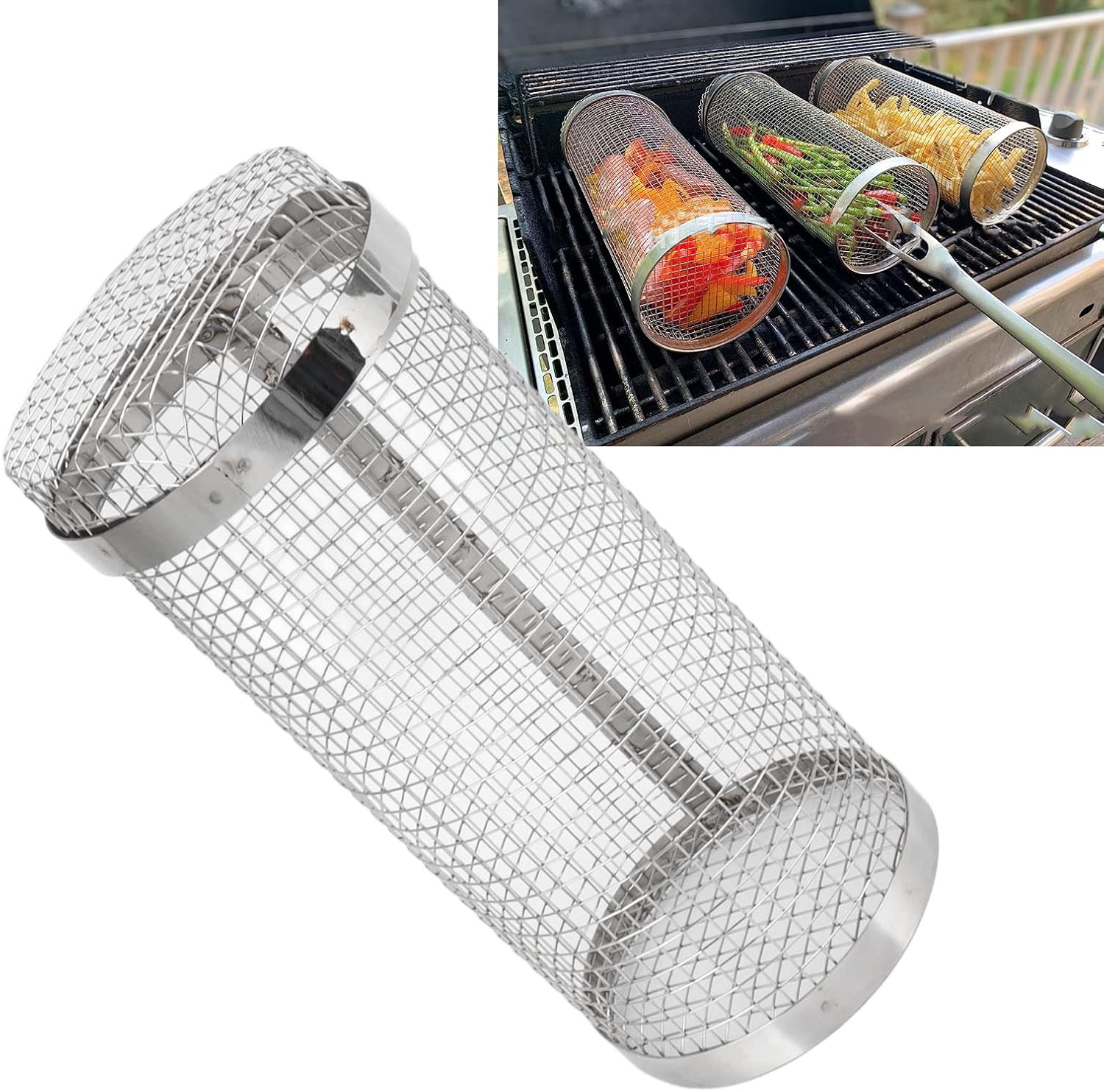 TANGLI Grill Baskets, Rollable Stainless Steel Grill Basket with Hooks ...