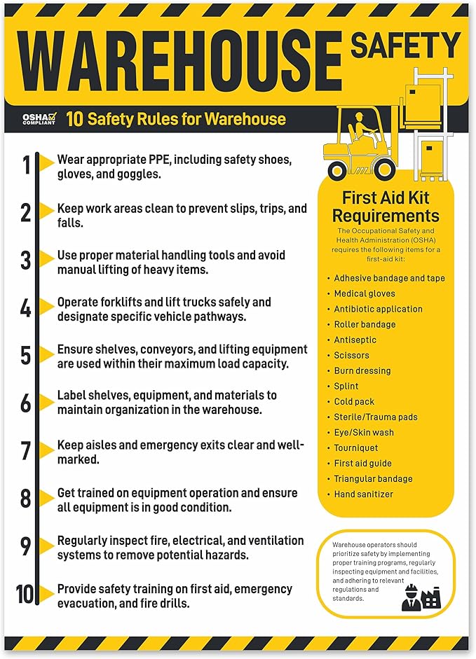 Warehouse Safety Rules Sign, 18" x 24" OSHA Workplace Poster, Laminated ...