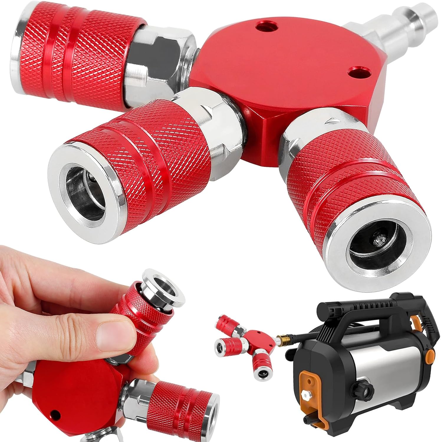 LYDODOKA 3-Way Air Manifold, 4 Ports Carbon Steel Industrial Flat Hex Quick Connect Air Hose ...