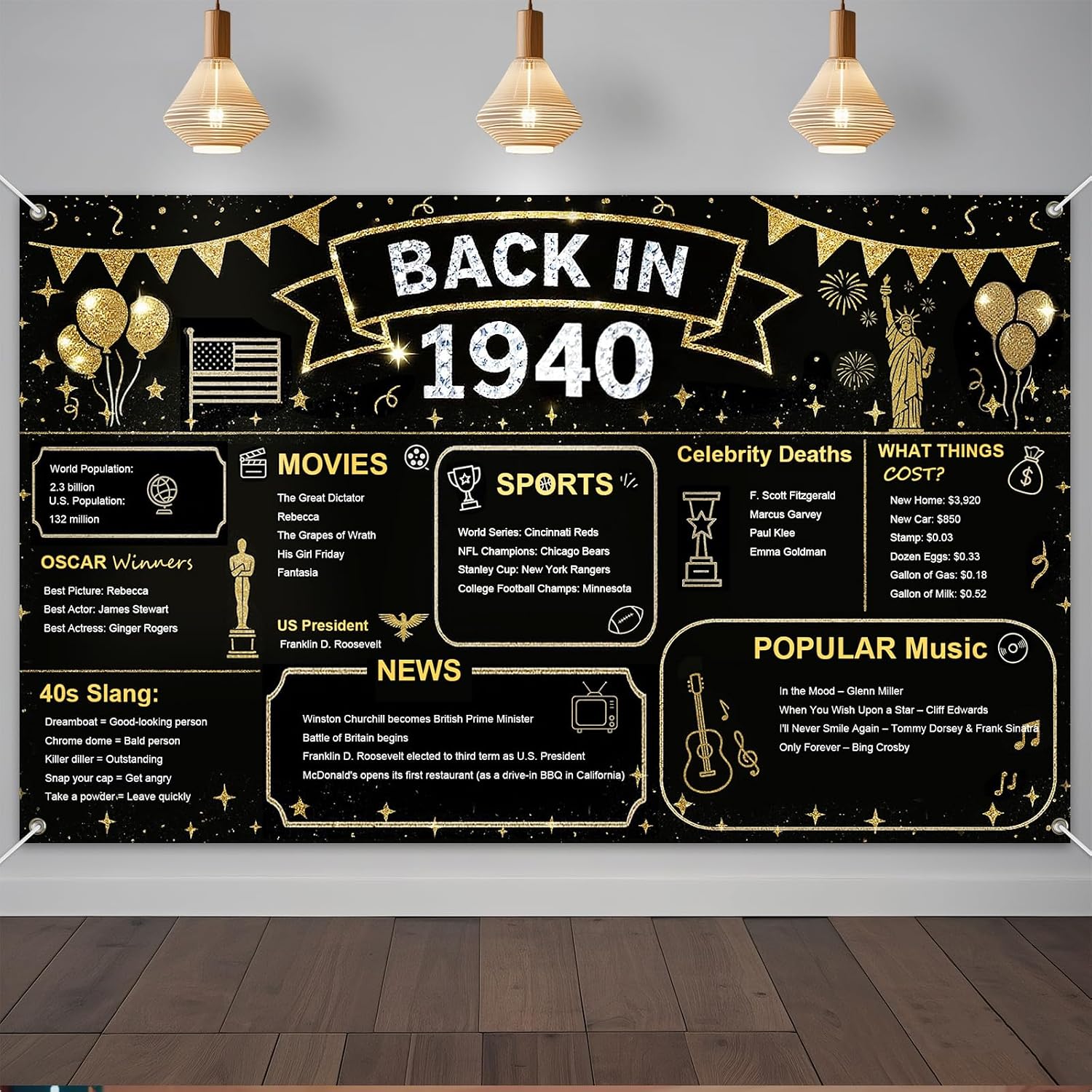 Amazon.com : IVN Back in 1940 Backdrop Banner 71x43 Inch Black and Gold ...