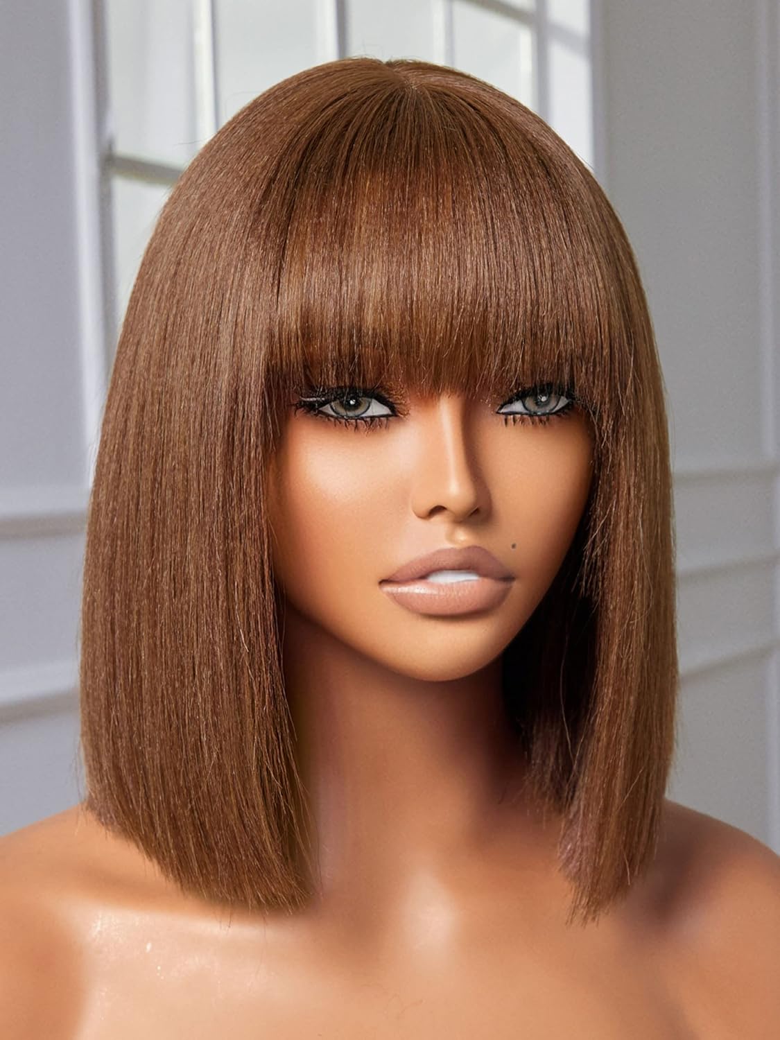 Amazon.com : YASGRL 10" Brown wig with bangs Light Yaki Straight Human ...