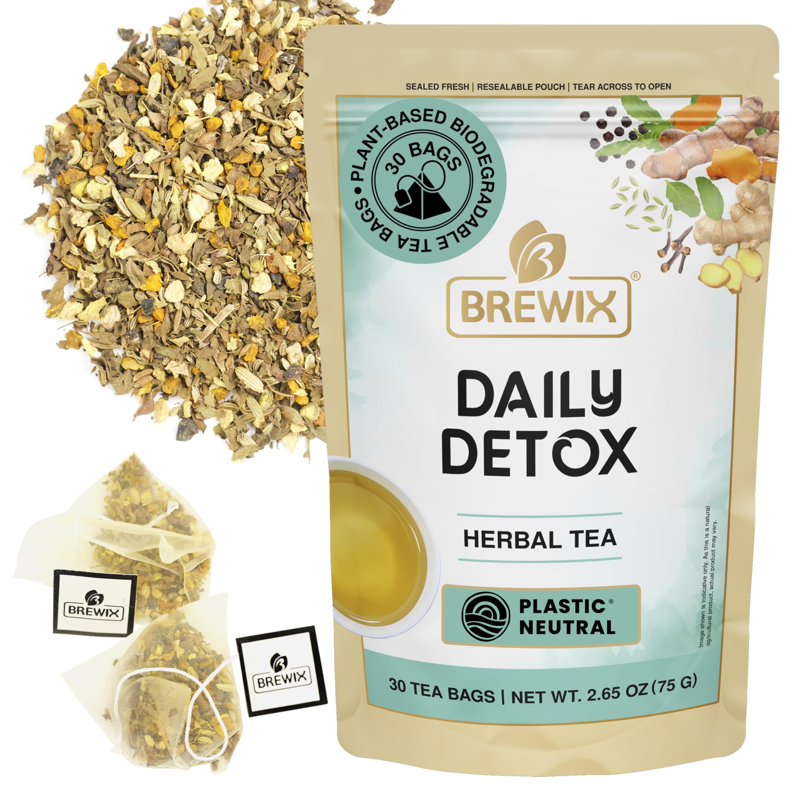 Amazon.com : BREWIX, Daily Detox Tea Bags (30 Pyramid Tea Bags) Caffeine-Free Herbal Tea ...