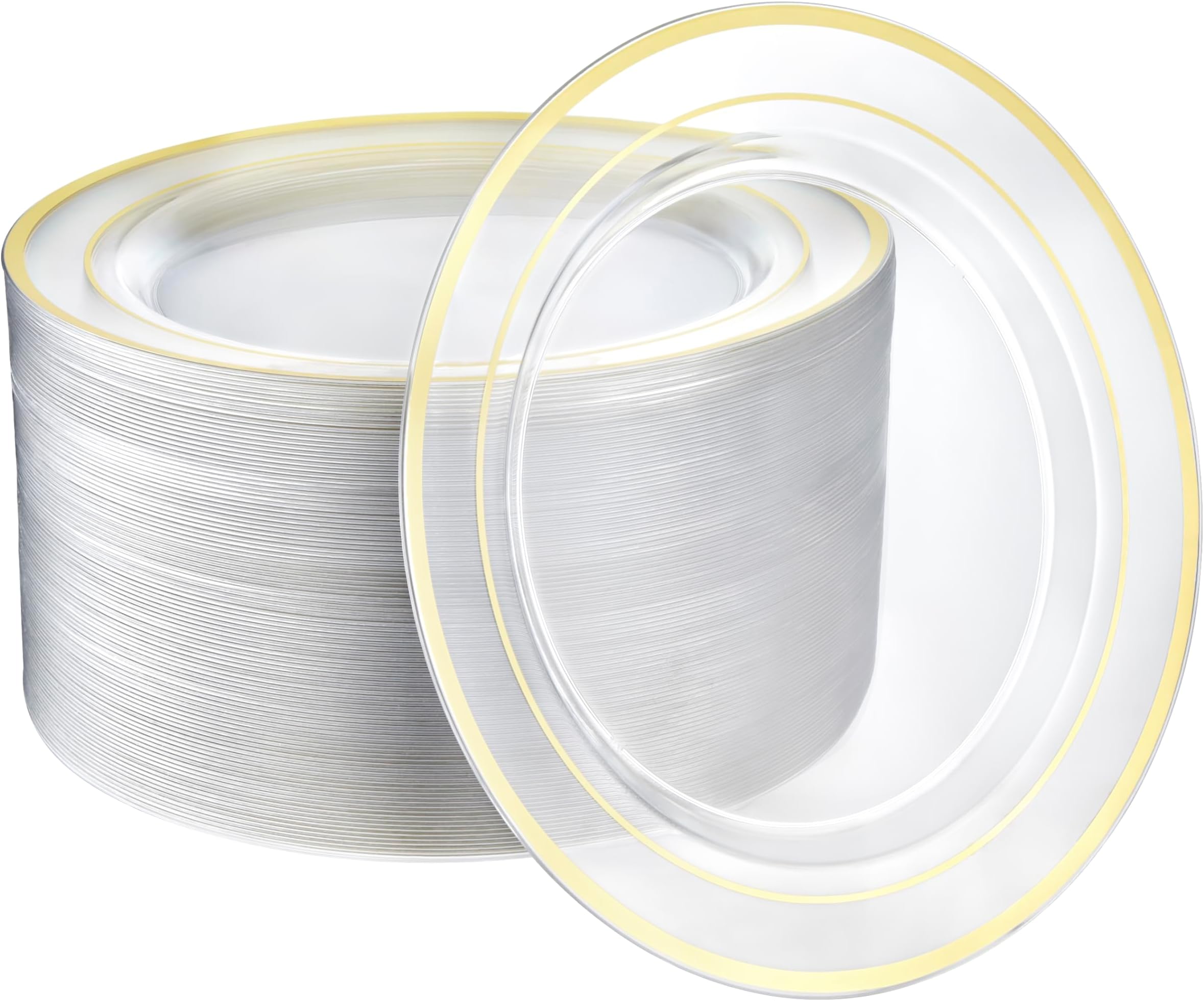 Amazon.com: FOCUSLINE 300 Count 10 Inch Clear Gold Rim Plastic Plates ...