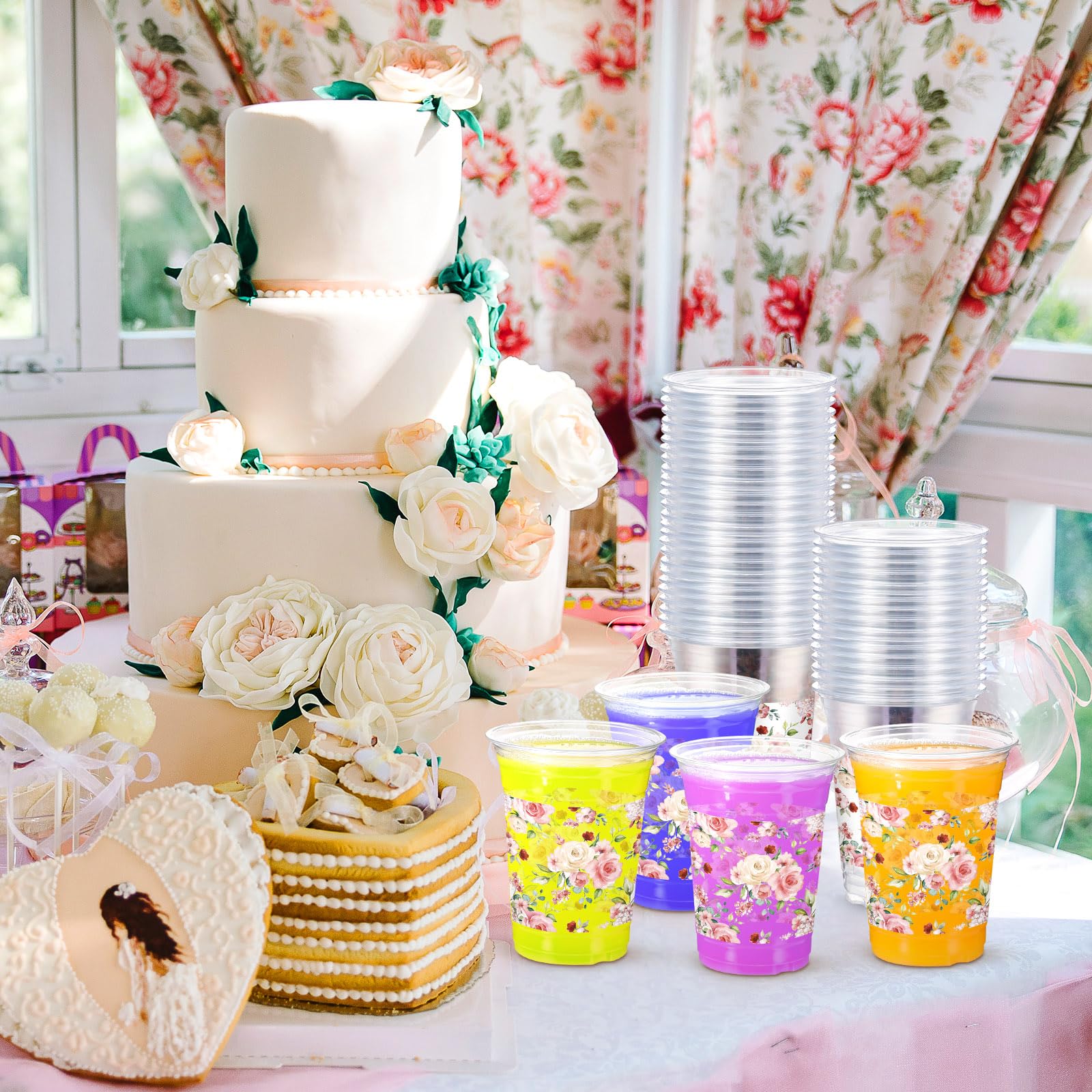 Snapklik.com : 60 Pcs Floral Plastic Cups 16 Oz Wedding Flower Cups ...