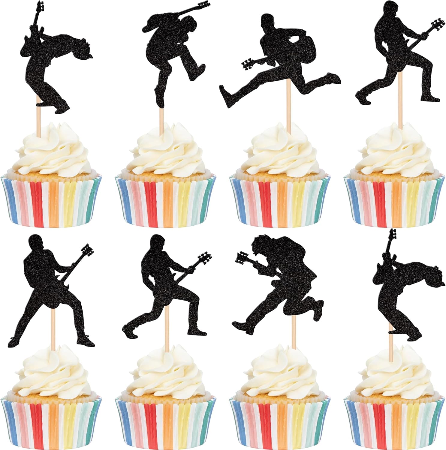 ZHUOWEISM 24 PCS Rock Band Cupcake Toppers Black Glitter Guitar Rock ...