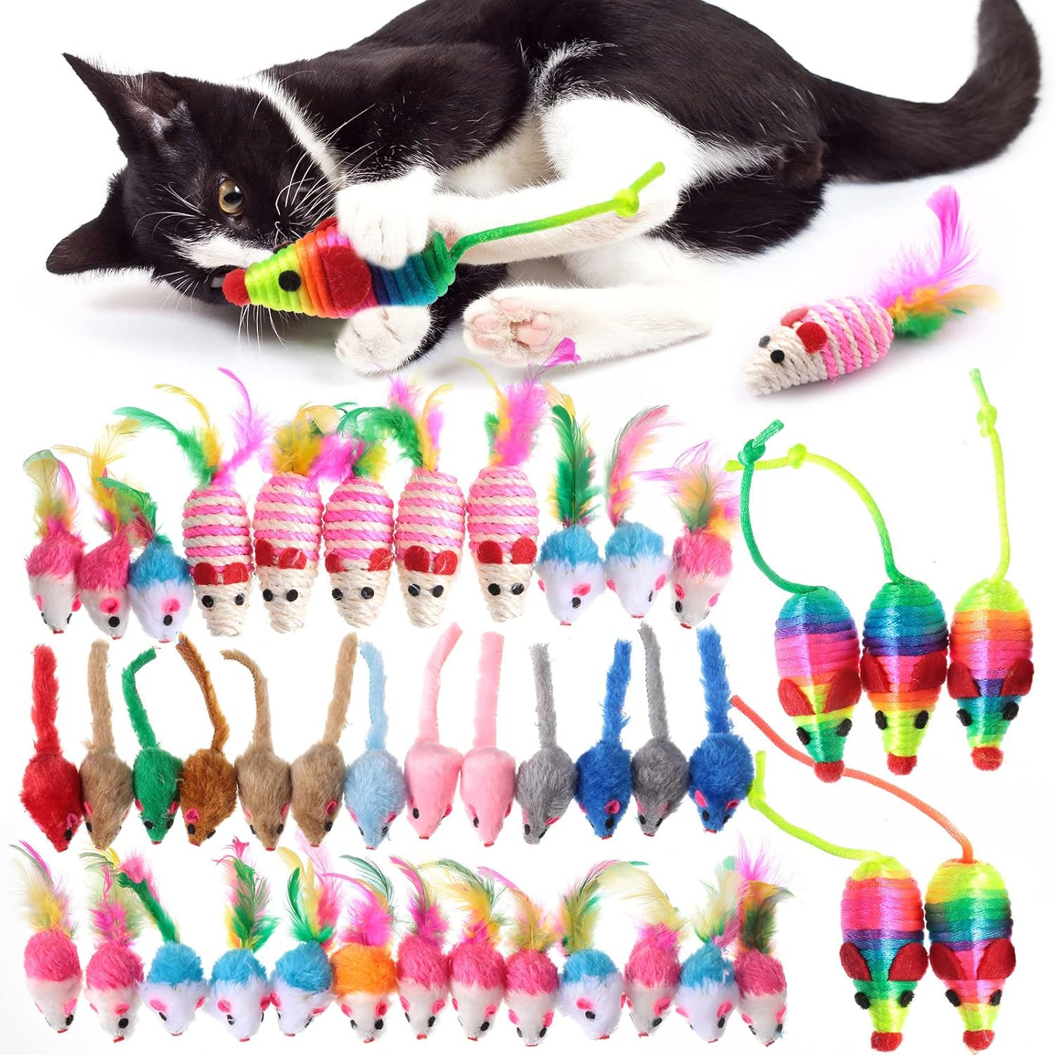 Amazon.com : 80 Pcs Assorted Cat Mouse Toys Bulk Mice Cat Toys Furry Pet Cat Toys Rattle ...