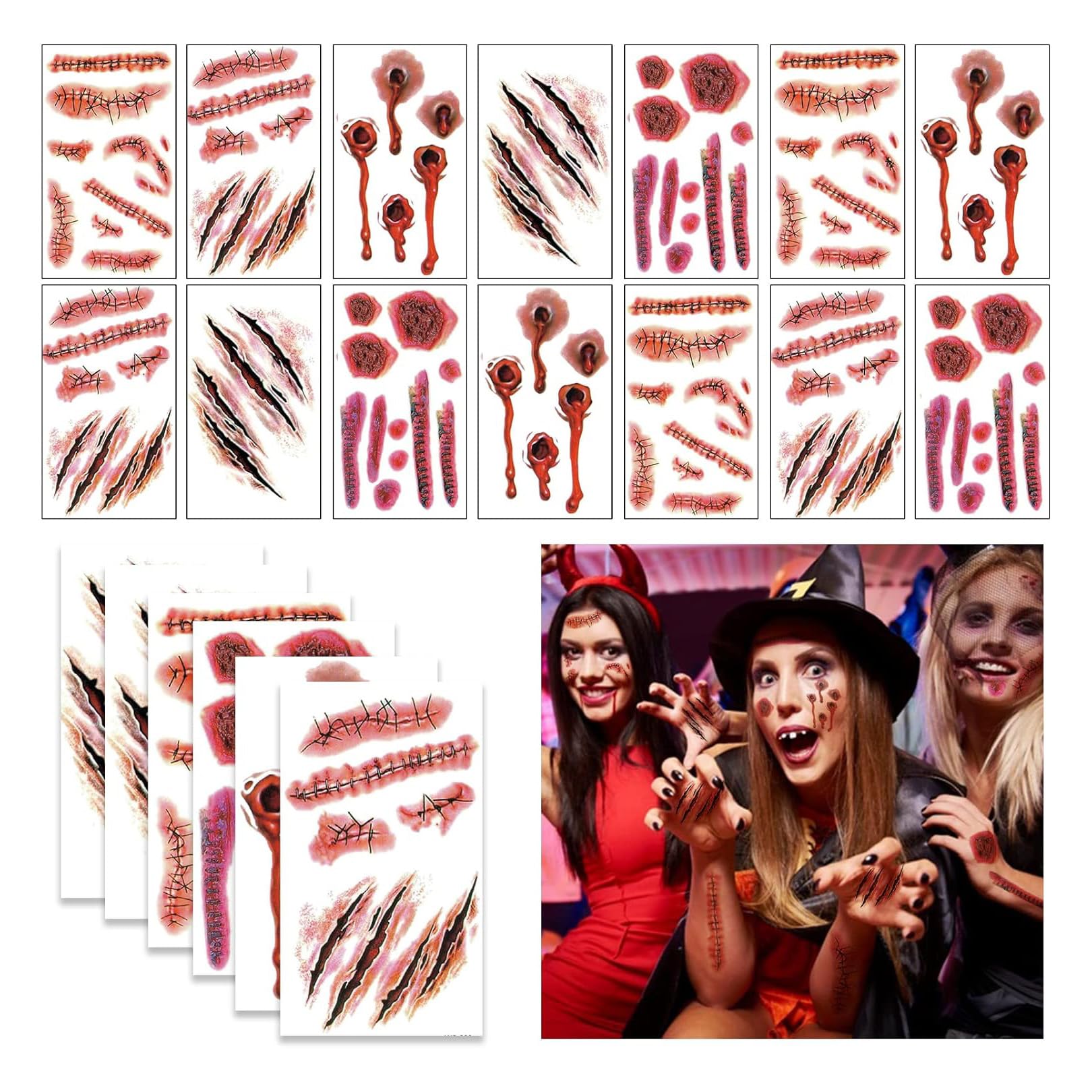 Halloween Tattoos-20 Sheets Halloween Sca and Wounds Fake Blood ...