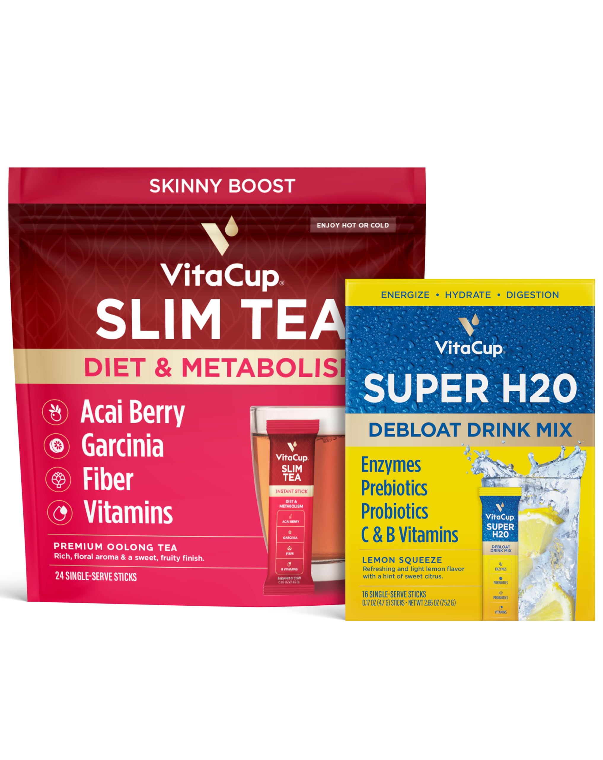 Amazon.com : VitaCup Instant Packets Super H20 Lemon 16ct & Slim Tea ...