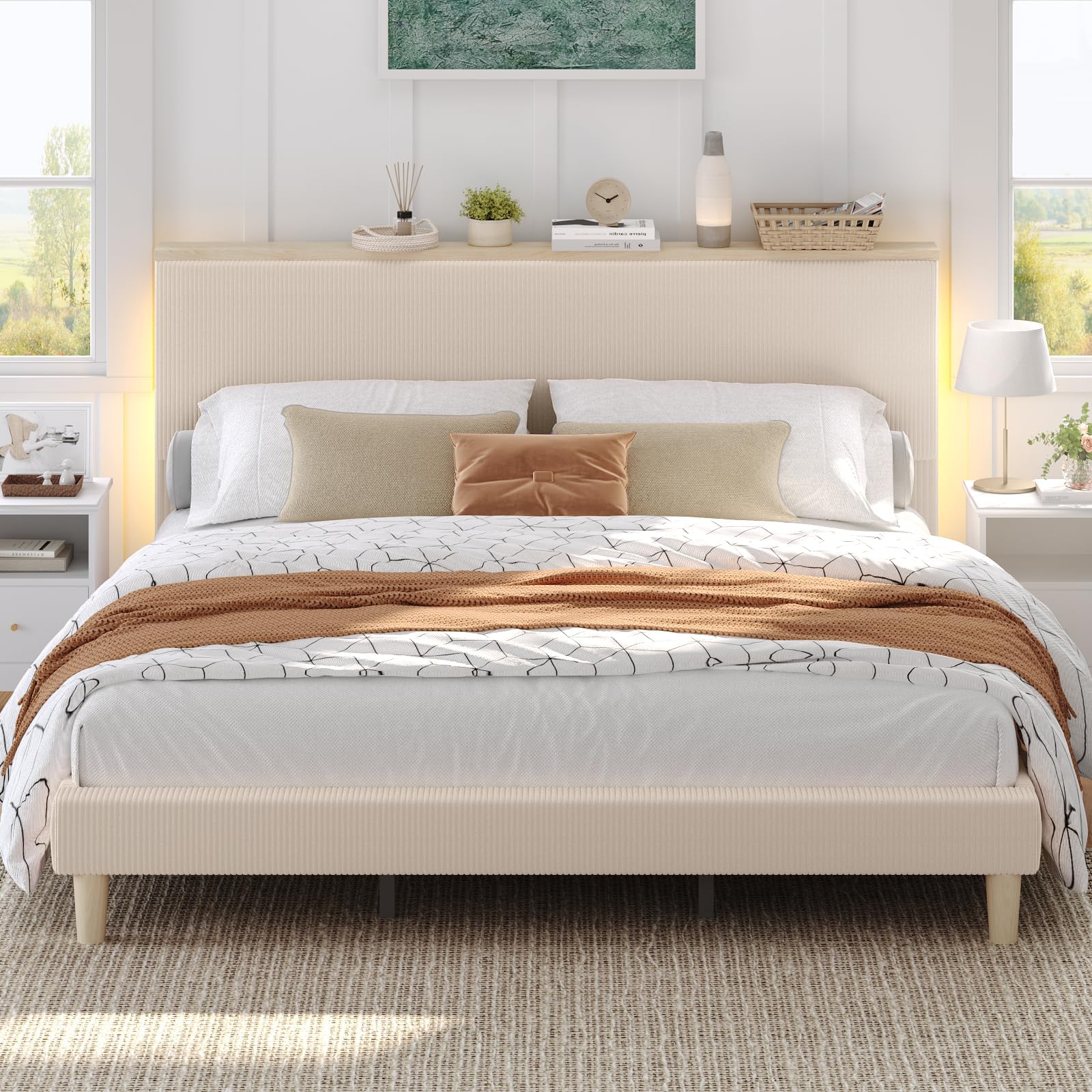 Amazon.com: Bestier Queen Corduroy Upholstered Bed Frame with ...