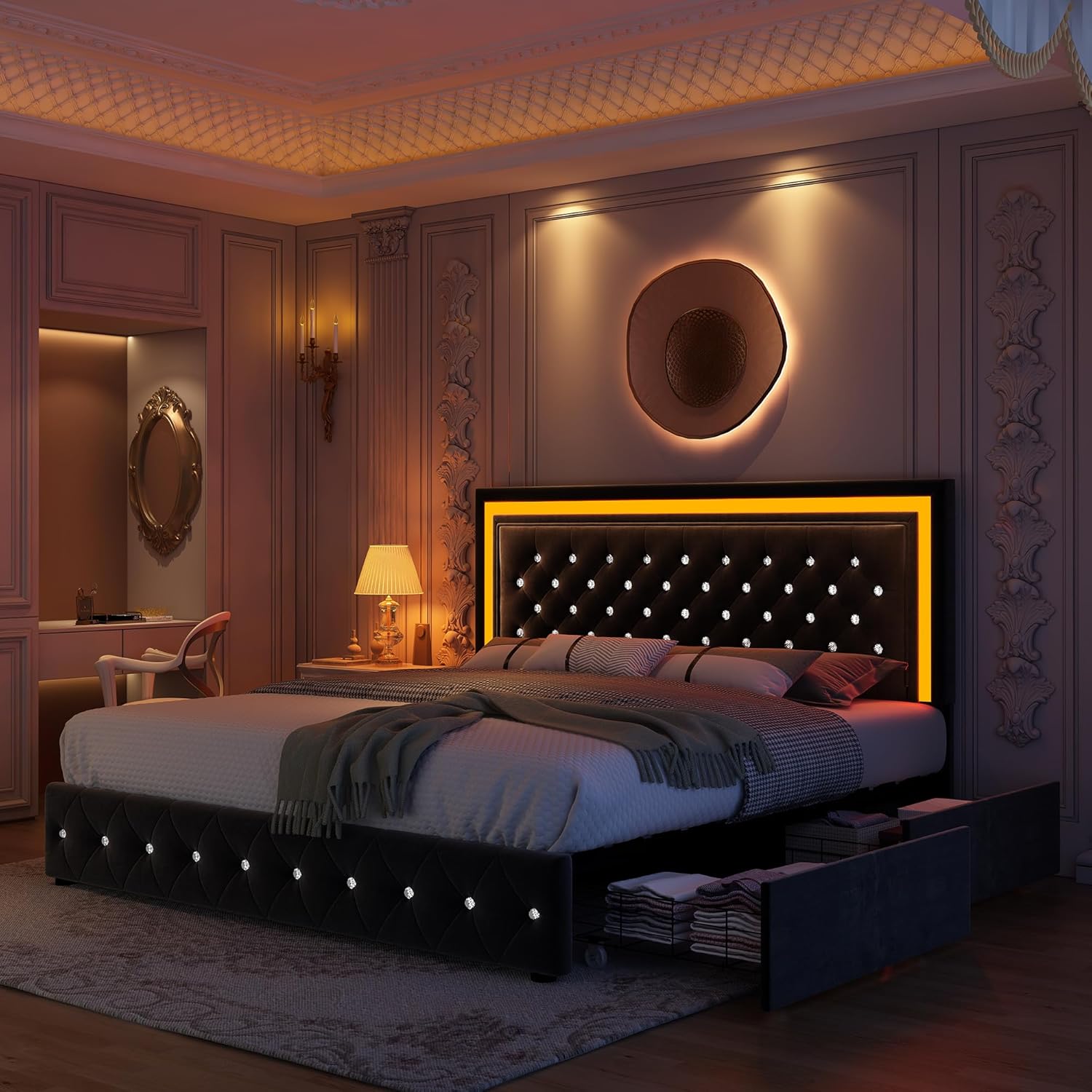 Amazon.com: Full LED Bed Frame with 4 Storage Drawers Adjustable ...