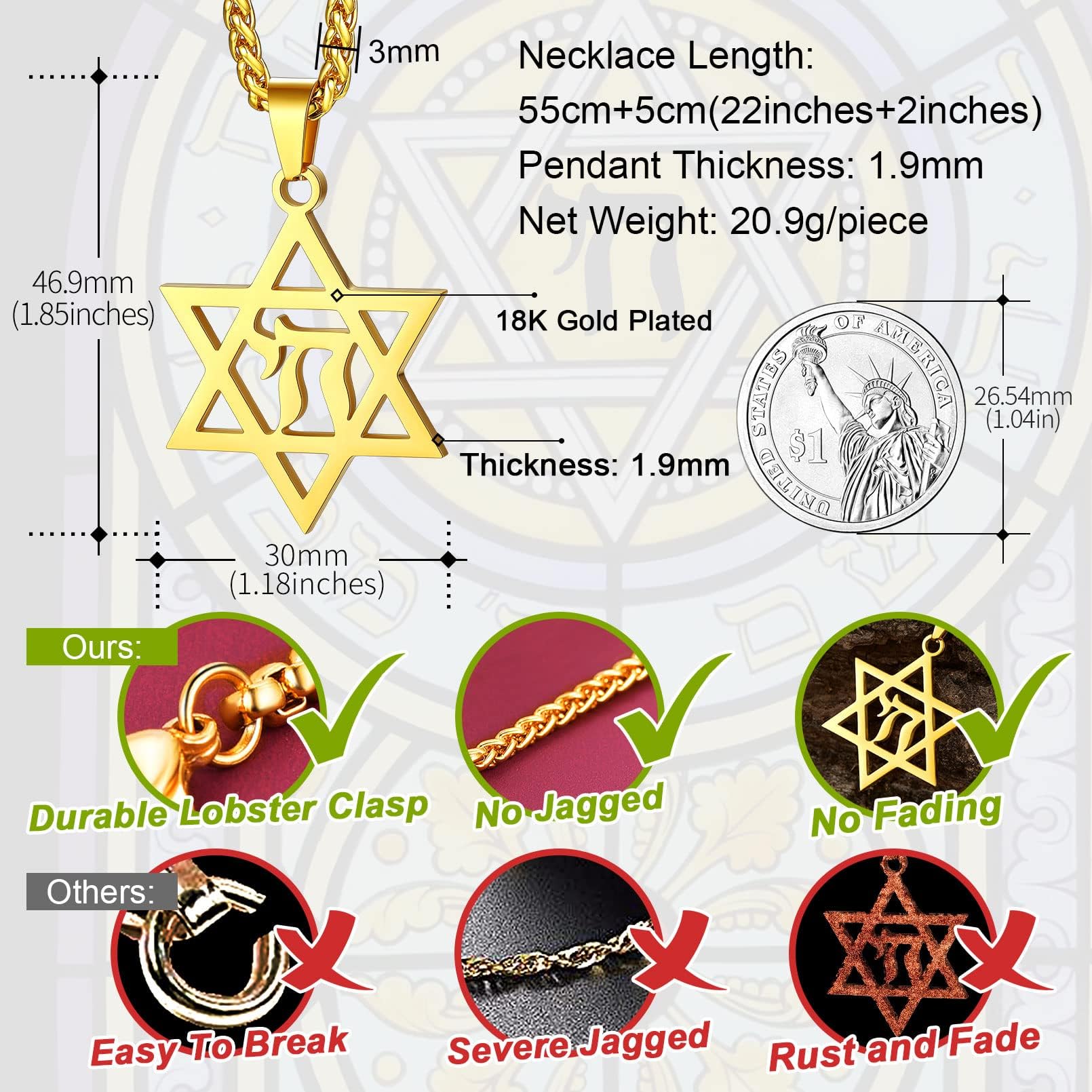 Snapklik.com : Gold Jewish Star Pendant Necklace For Female Classic ...