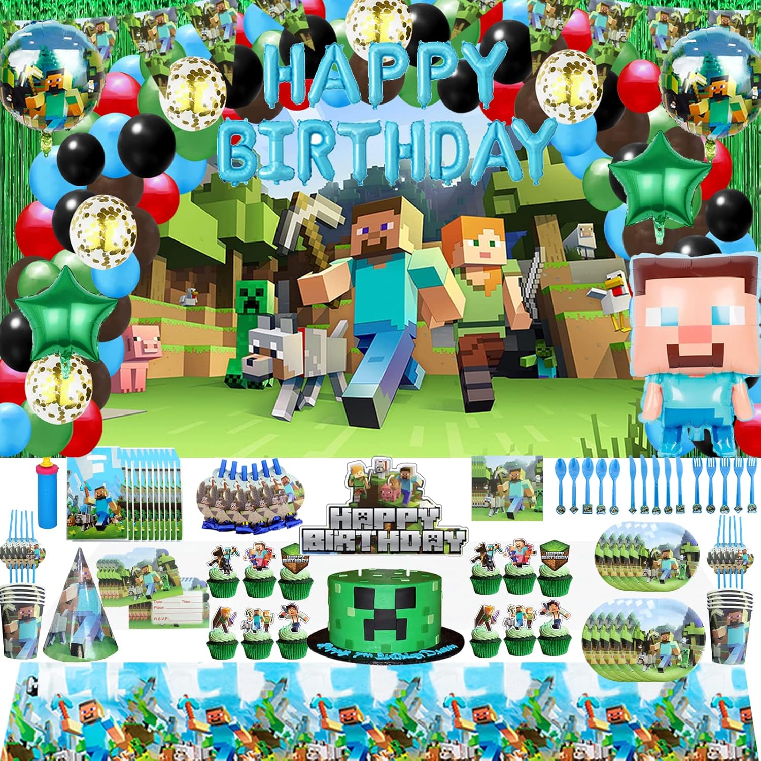 Amazon.com: 286PCS Miner Birthday Party Supplies, Pixel Birthday ...